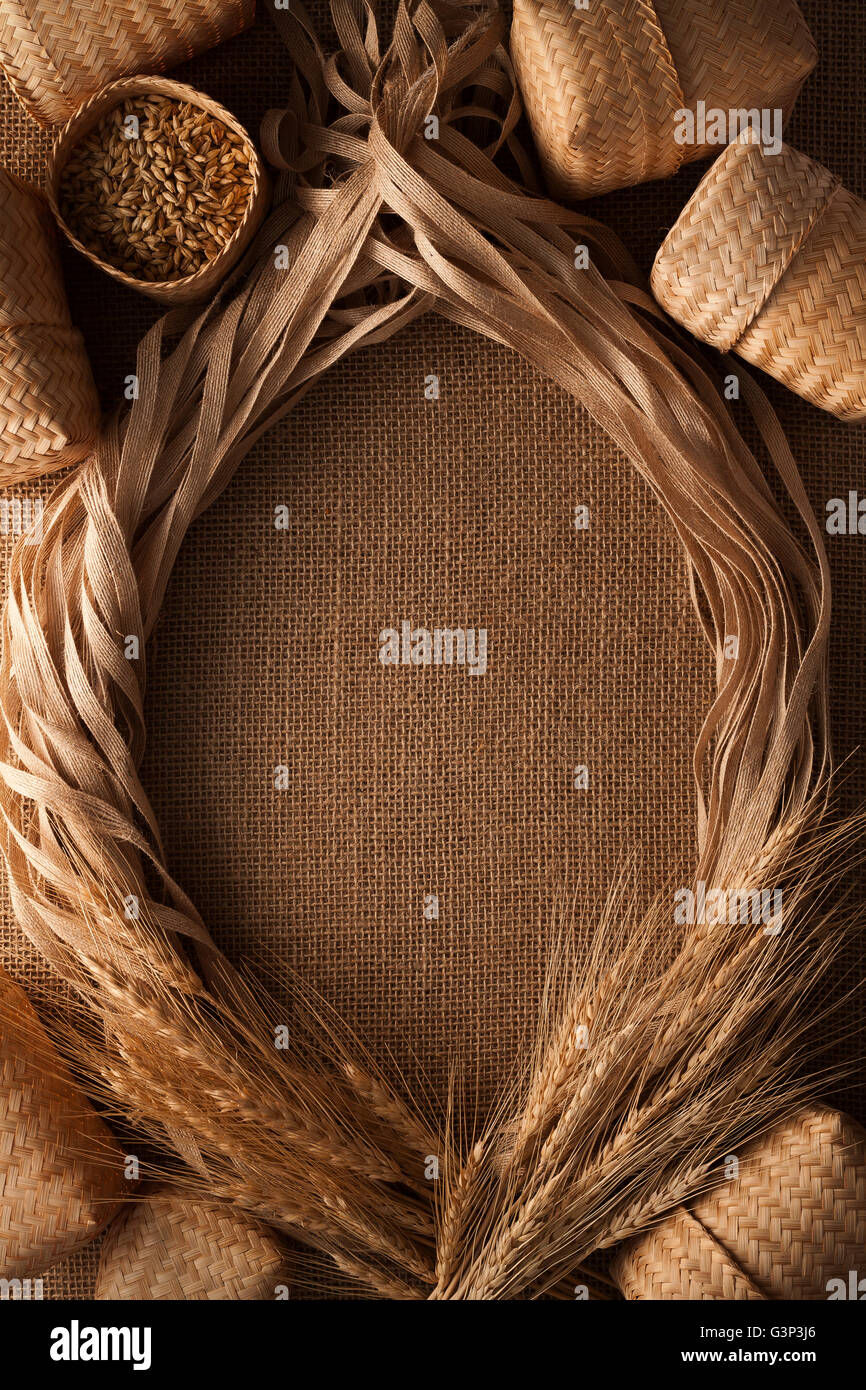 malt still life rope flax frame sackcloth background rustic flat lay ...