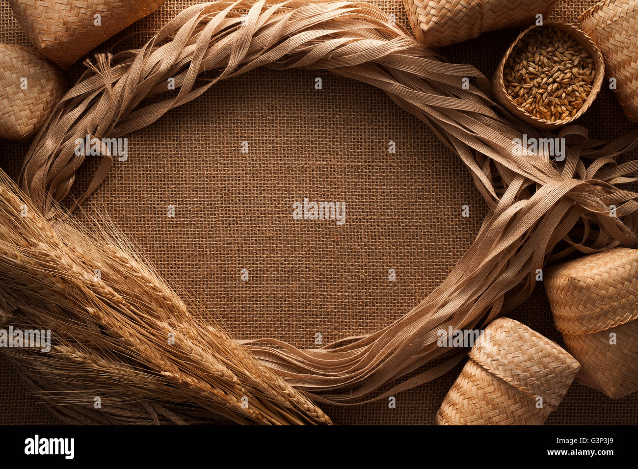 malt still life rope flax frame sackcloth background rustic flat lay ...