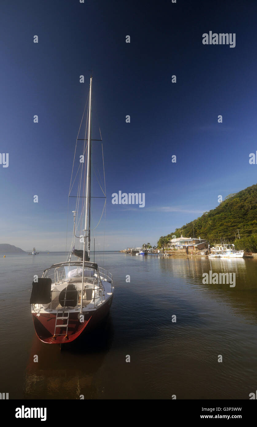 Yacht and other boats moored in the Endeavour River, Cooktown ...