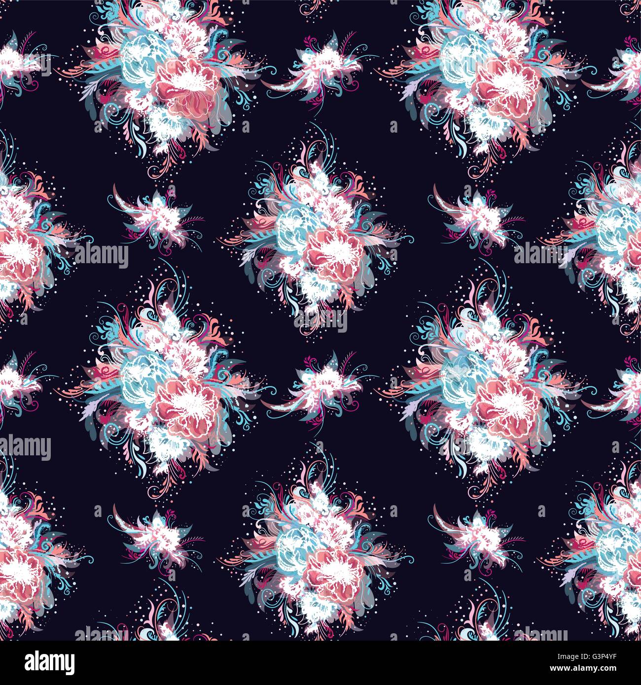 Seamless tile-able floral texture with rose and blue flower bouquets ...