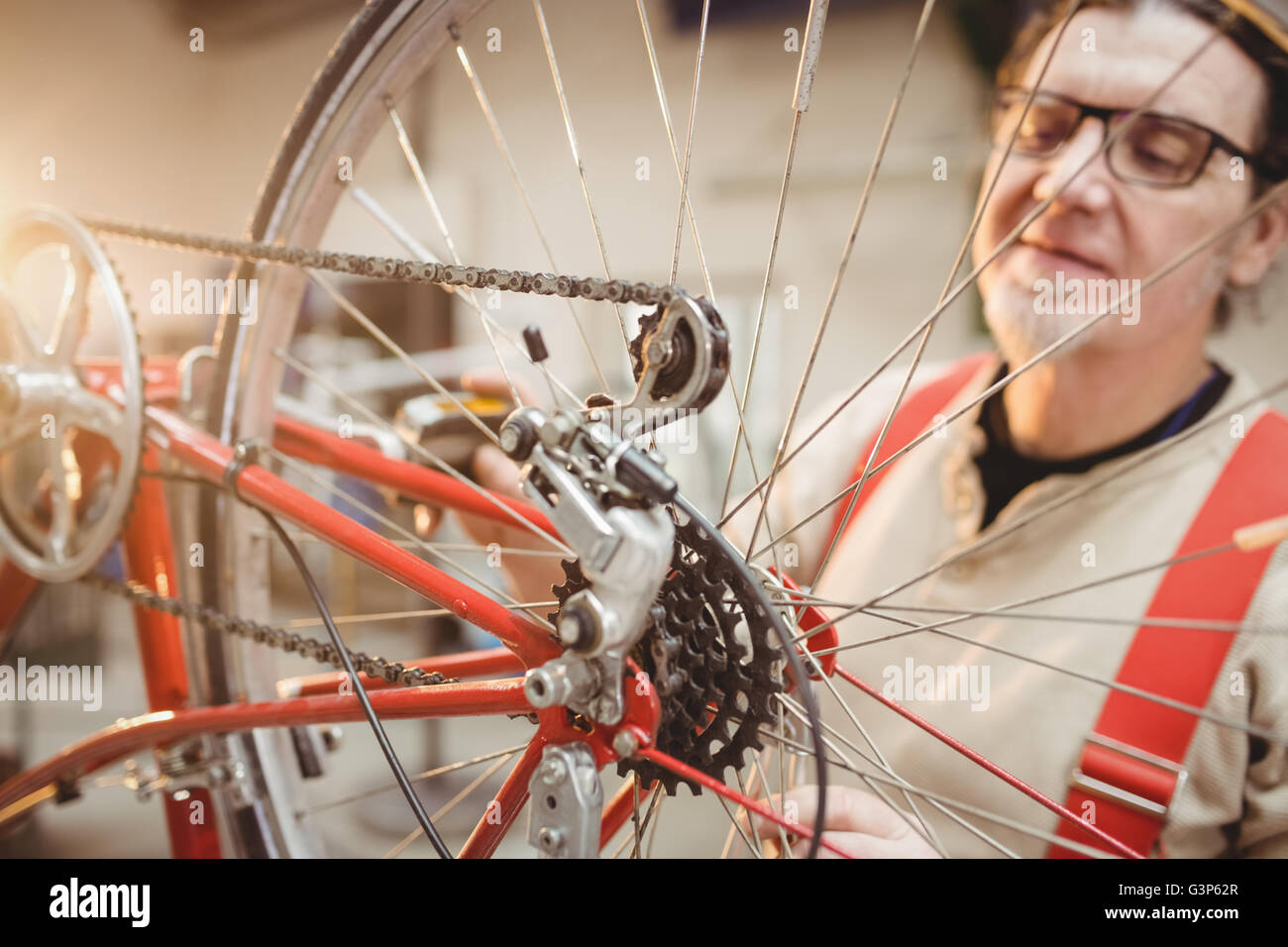 Portrait of a bike mechanic positioned behind a bike wheel Stock Photo ...