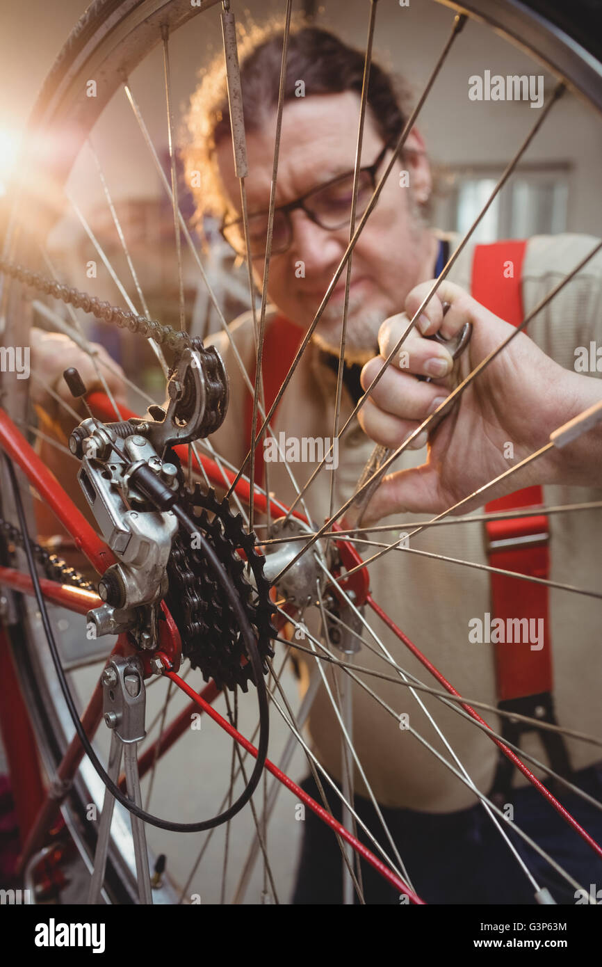 Bike mechanic repairing a bike Stock Photo - Alamy