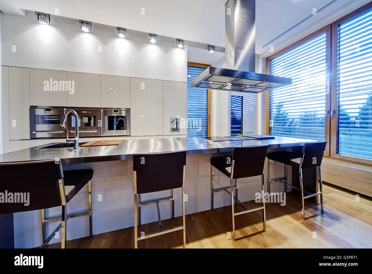 Modern kitchen interior with stainless steel sink and appliances Stock ...