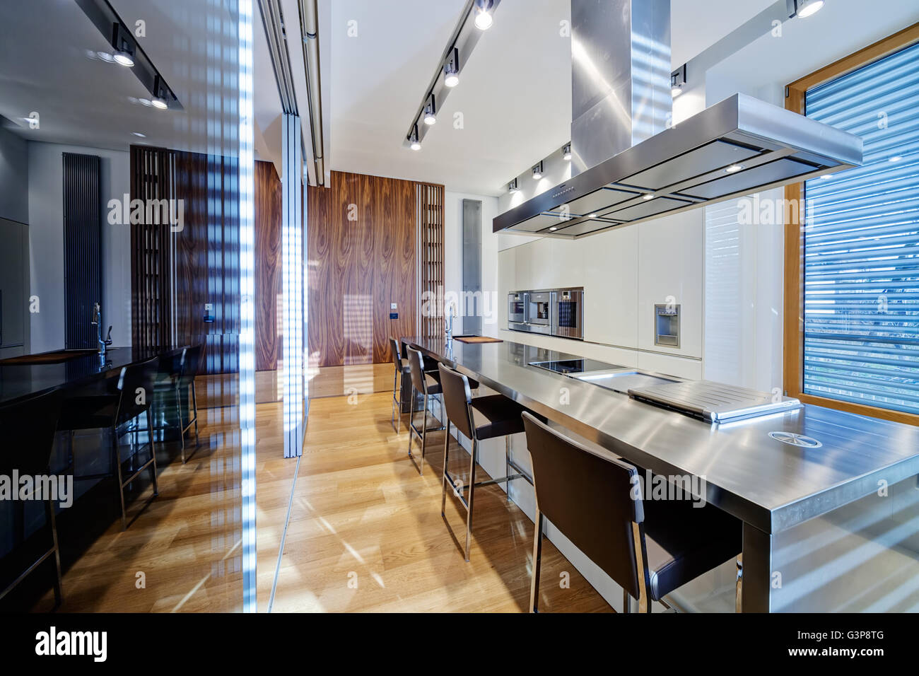 Modern kitchen interior with stainless steel sink and appliances Stock ...