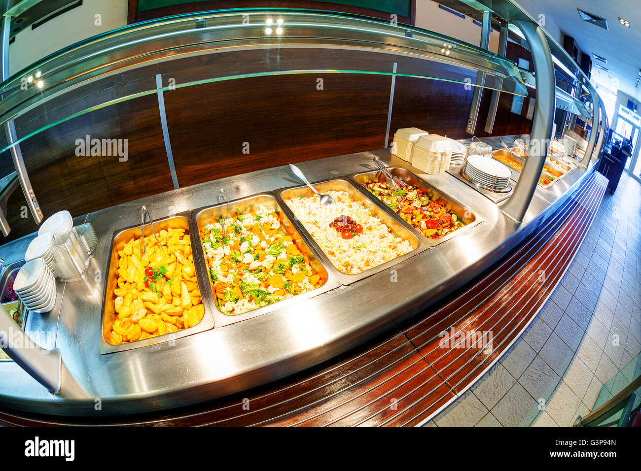 Self service restaurant with a variety of salads, soups and side dishes ...