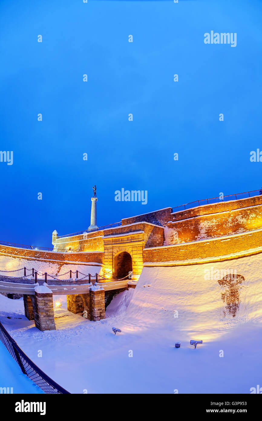 Winter landscape of Belgrade fortress and Kalemegdan park at night with ...