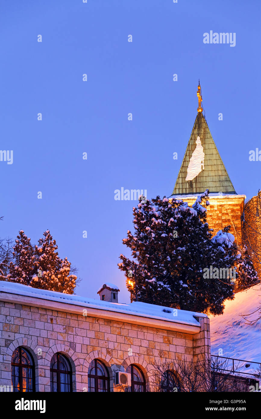 Winter landscape of Belgrade fortress and Kalemegdan park at night with ...