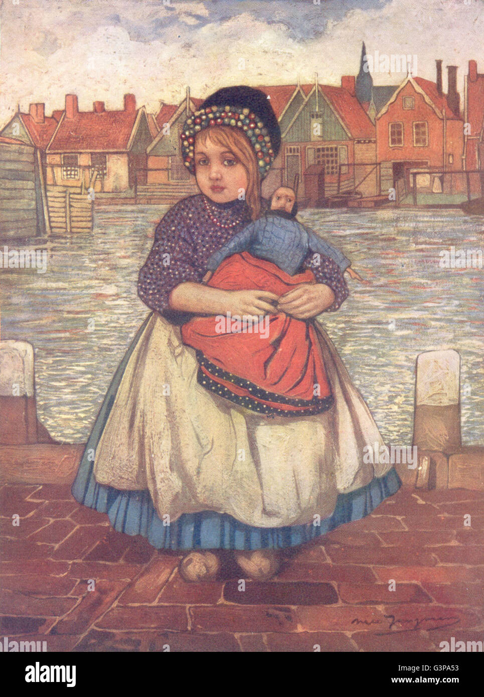 NETHERLANDS: Overijssel: A girl with a doll; Volendam, antique print ...