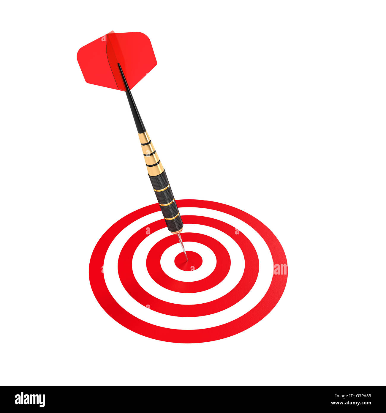 Dart hitting the center aim mark on target. Successful shoot. 3d ...