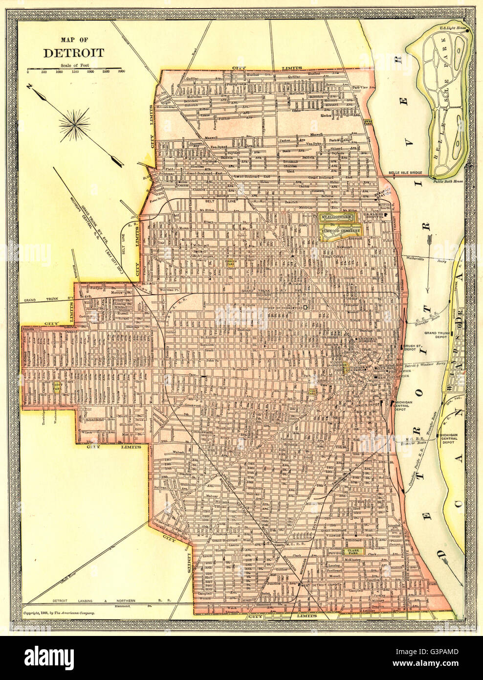 DETROIT town/city plan. Michigan, 1907 antique map Stock Photo - Alamy
