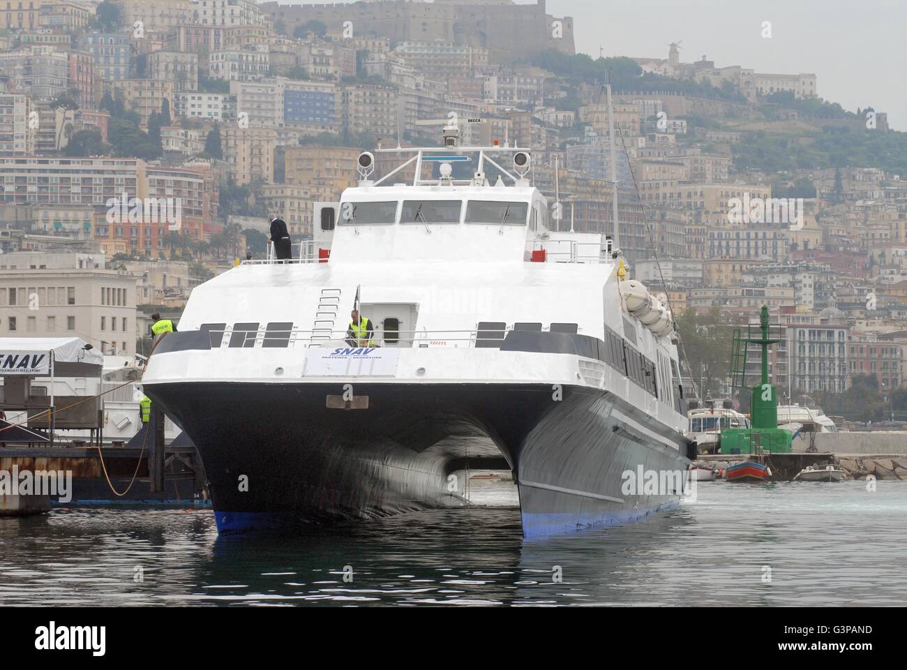 The small harbor of Mergellina, Naples, Italy, SNAV company catamaran ...