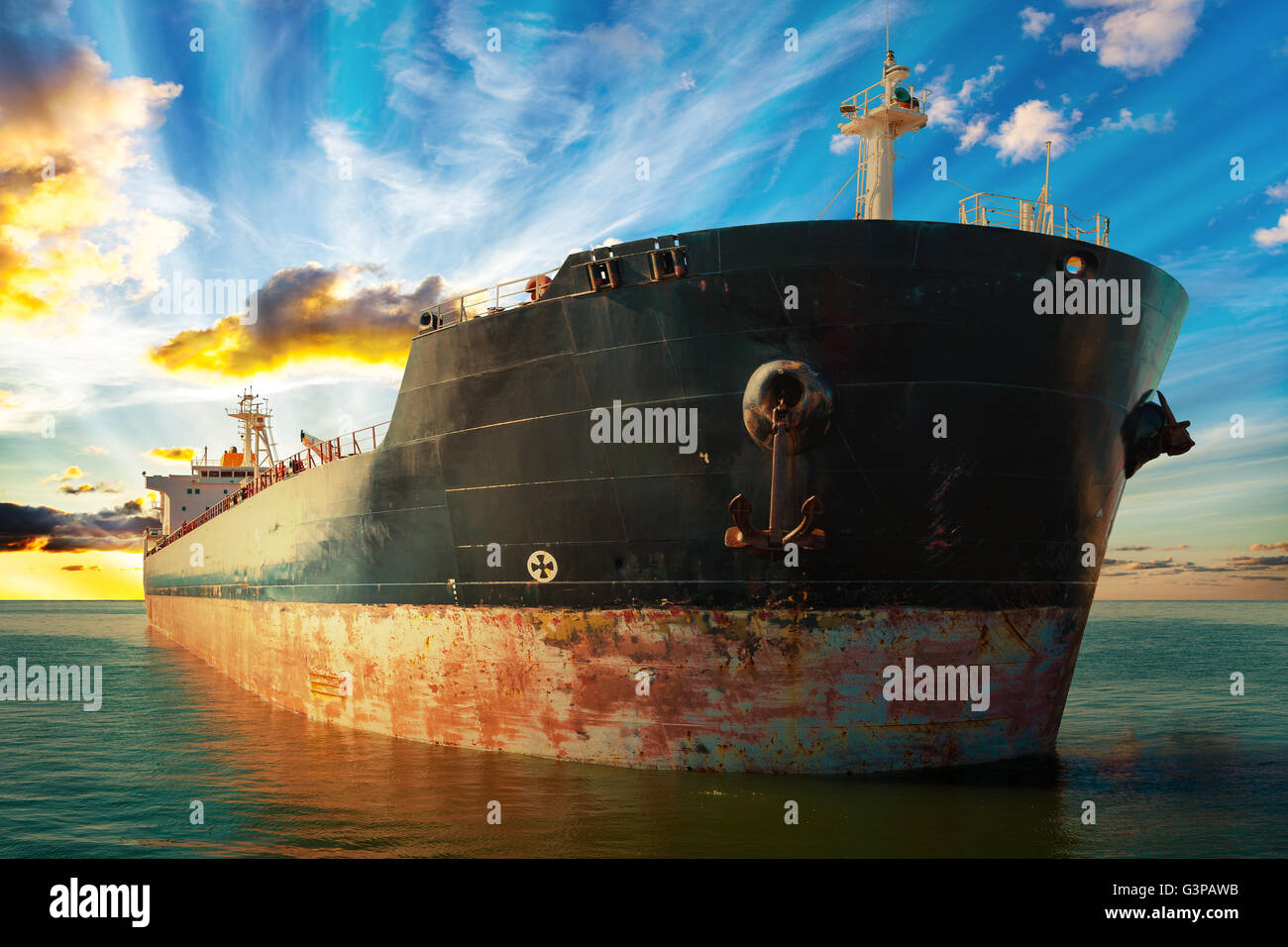 Big ship at sunset - view from the bow Stock Photo - Alamy