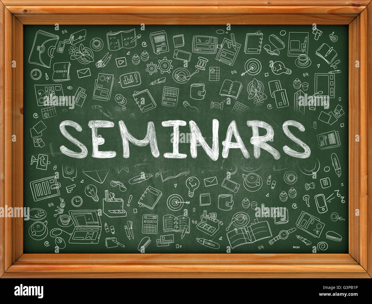 Hand Drawn Seminars on Green Chalkboard Stock Photo - Alamy