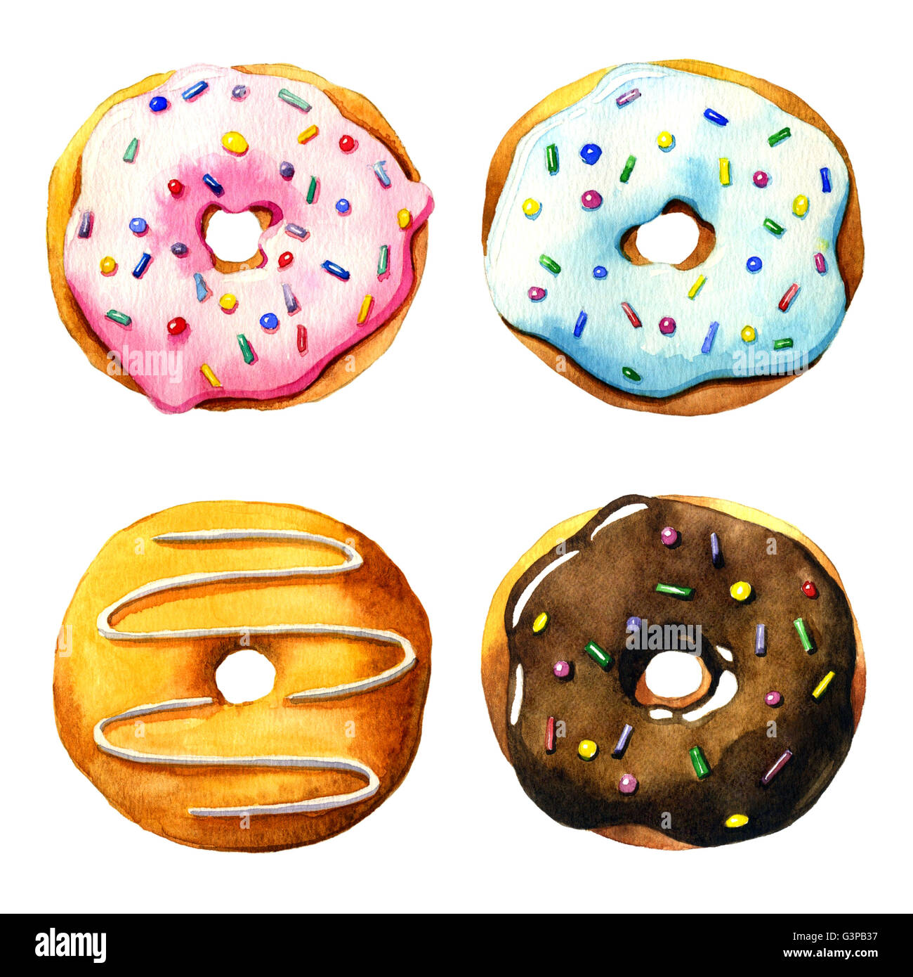 Four watercolor donut on a white background Stock Photo - Alamy