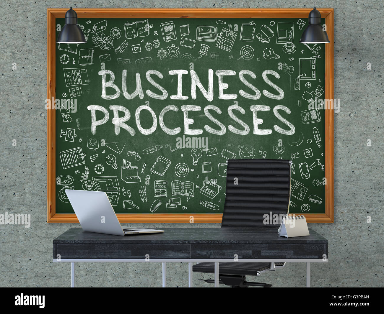 Business Processes on Chalkboard with Doodle Icons Stock Photo - Alamy