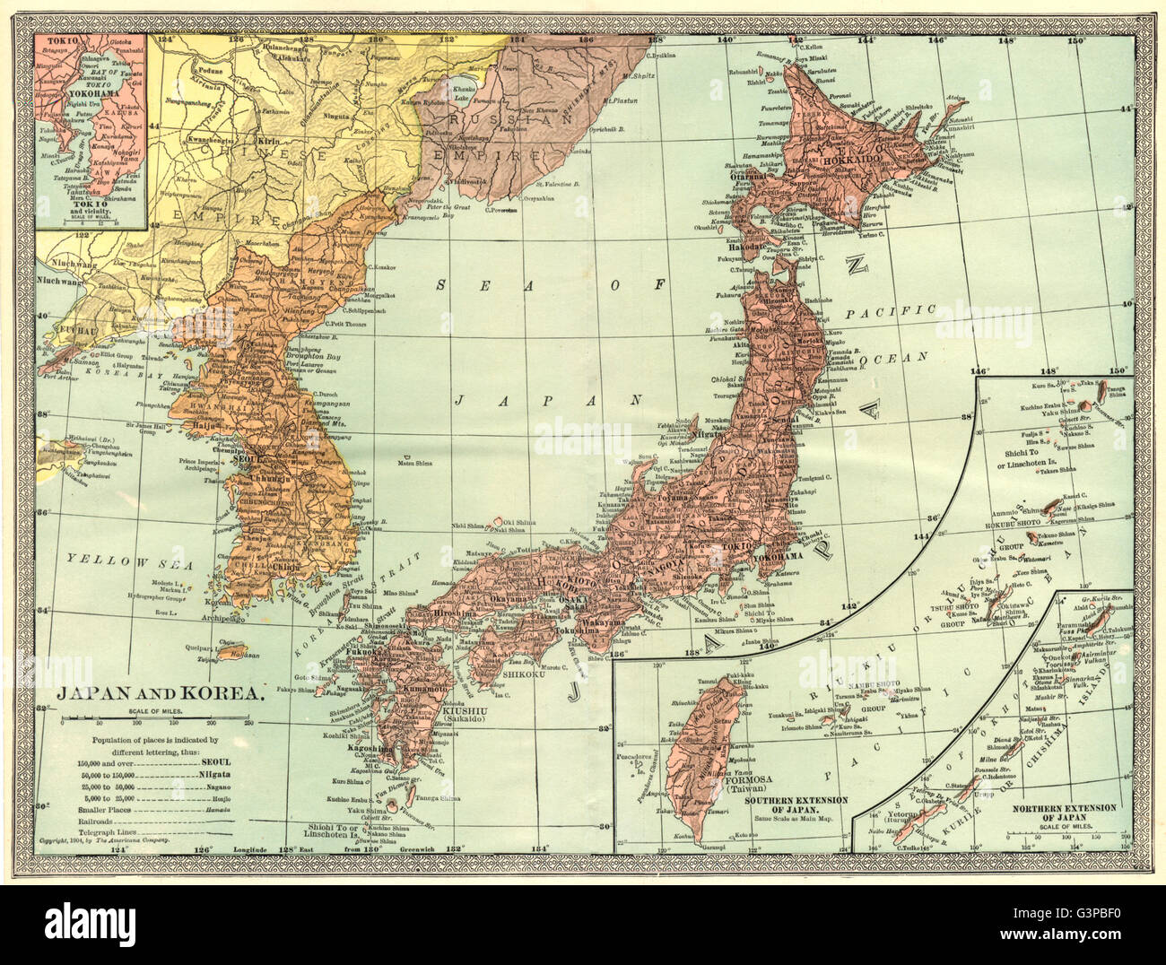 JAPAN & KOREA. Formosa/Taiwan. Inset Tokyo bay & Yokohama, 1907 antique map Stock Photo - Alamy