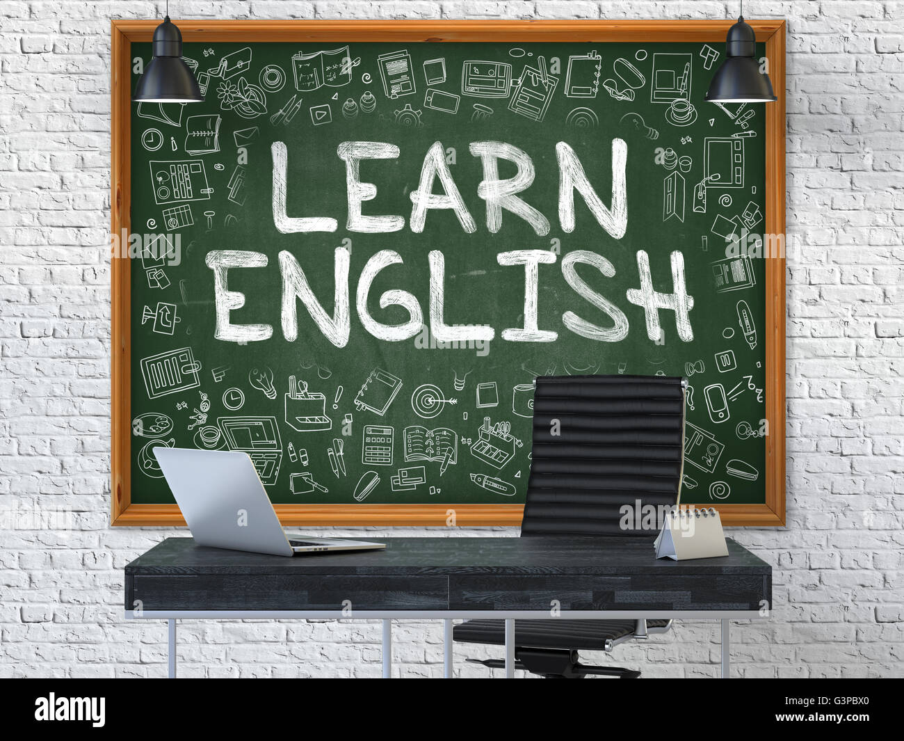 Hand Drawn Learn English on Office Chalkboard Stock Photo - Alamy