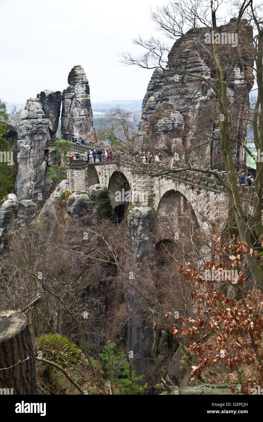 Sightseers on the bridge /viaduct joining high points in the Bastei ...