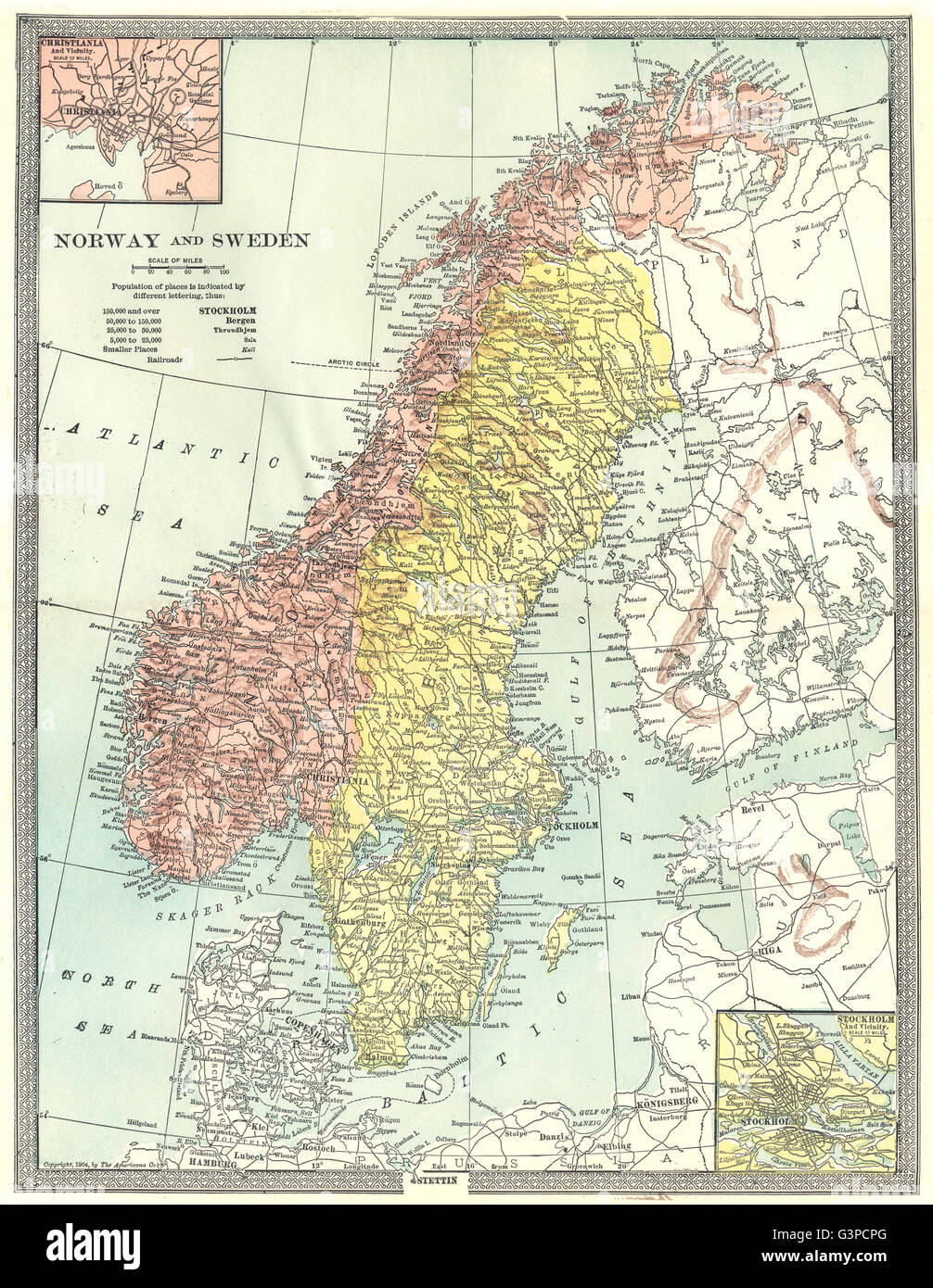 SCANDINAVIA. Norway and Sweden. Inset Stockholm & Christiania, 1907 old ...