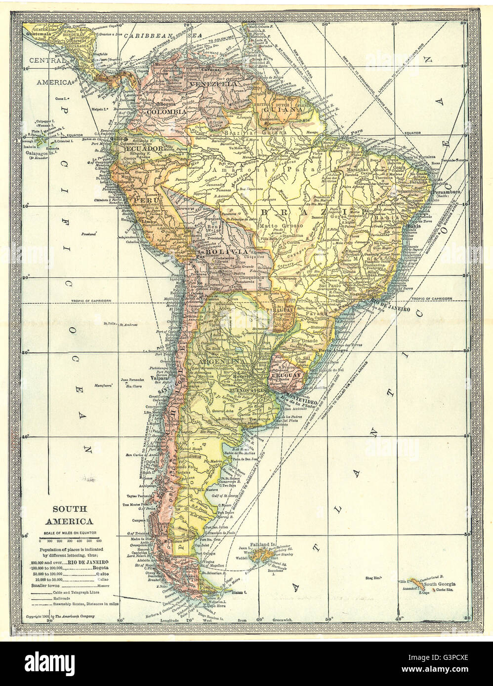 SOUTH AMERICA Brazil Argentina Chile Bolivia etc, 1907 antique map ...