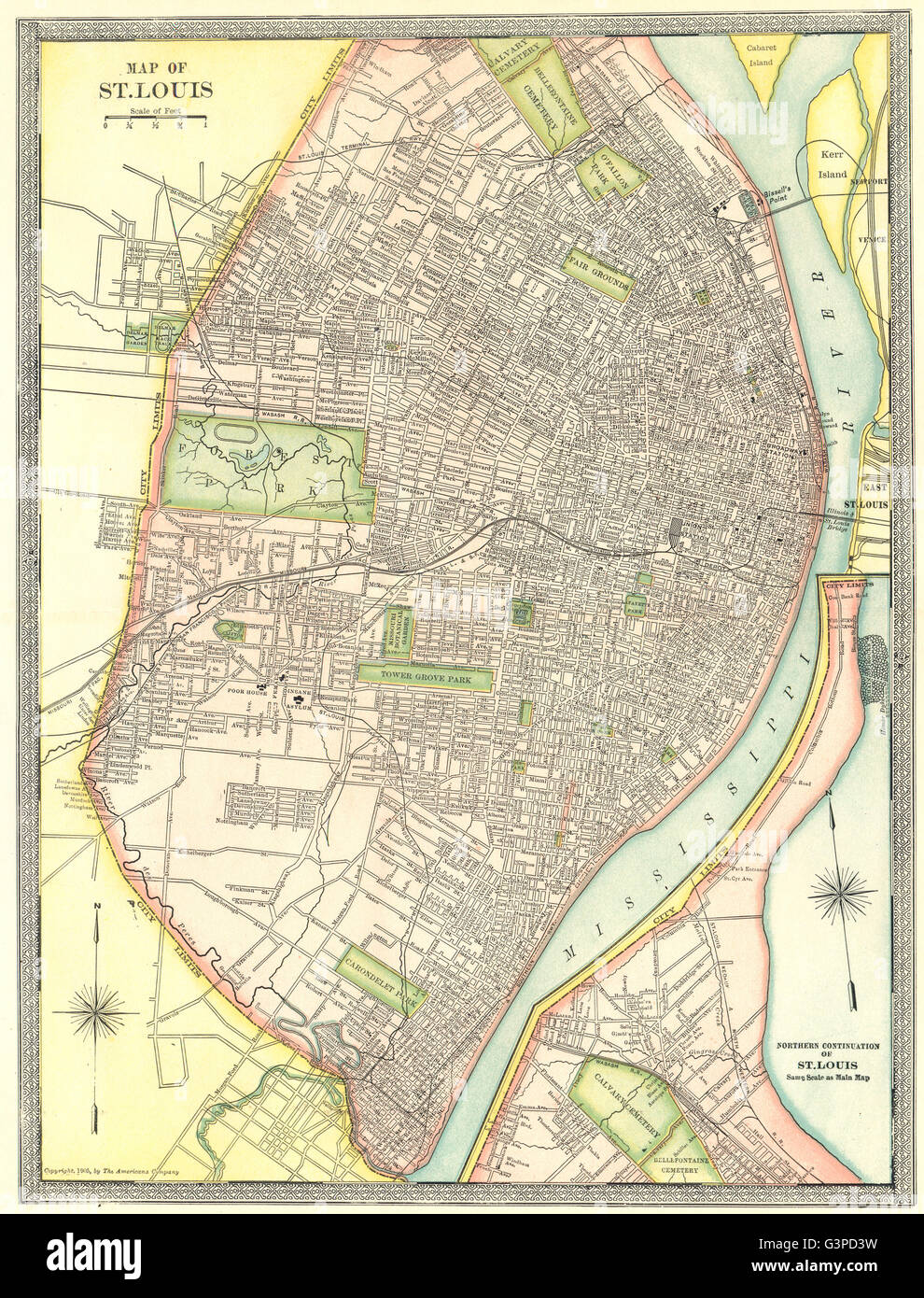ST LOUIS town/city plan. Missouri, 1907 antique map Stock Photo - Alamy