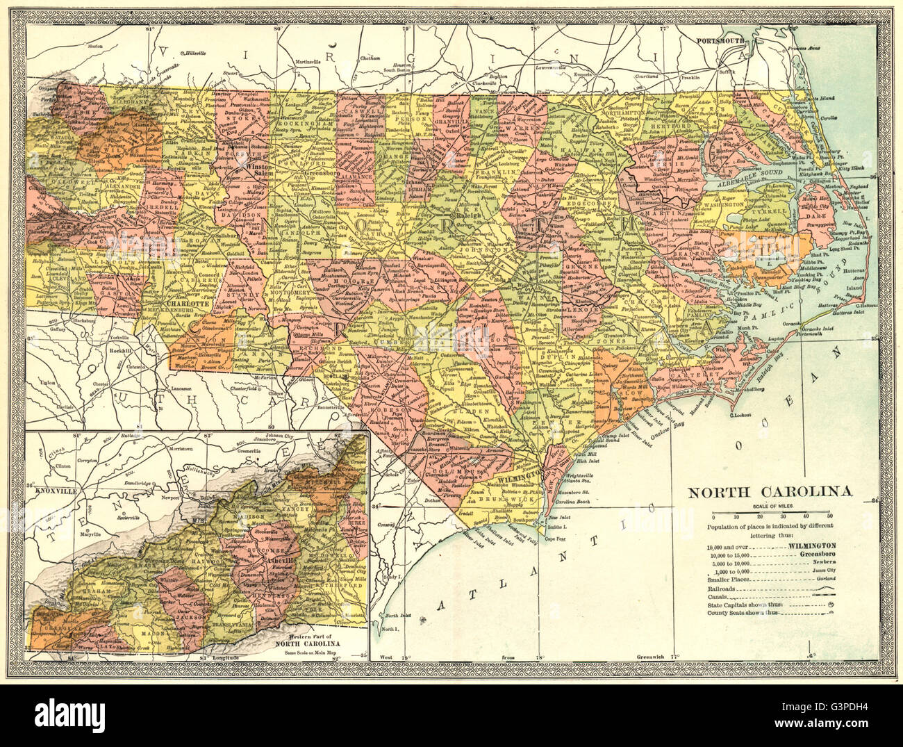 NORTH CAROLINA state map. Counties, 1907 Stock Photo - Alamy