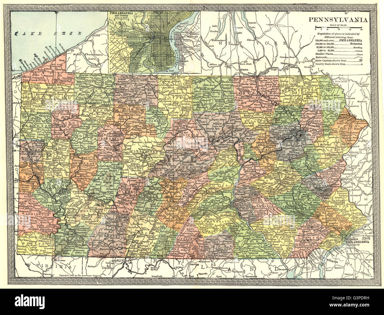 PENNSYLVANIA state map. Counties. Philadelphia environs, 1907 Stock ...