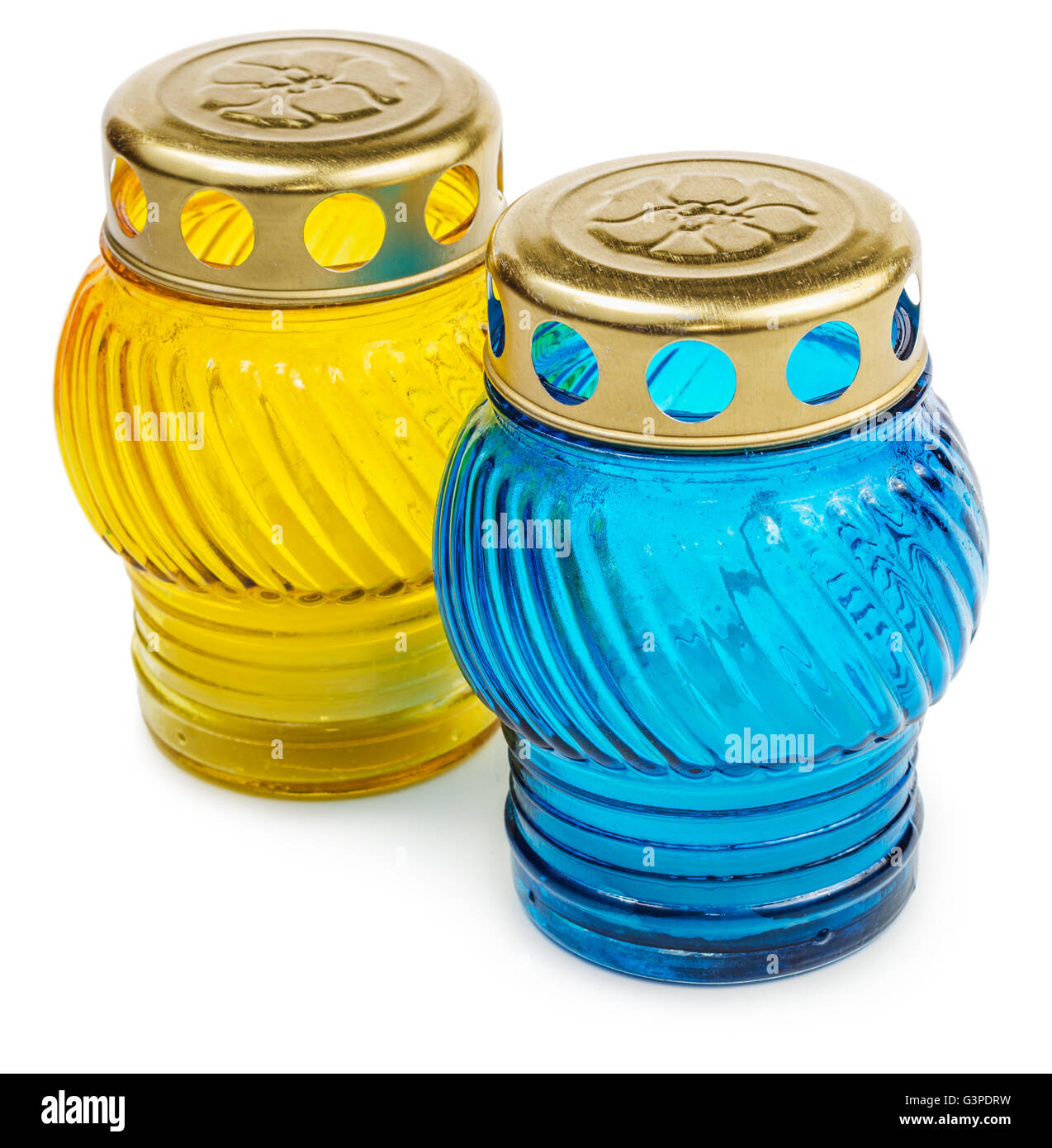 Blue and yellow cemetery candles isolated on white background Stock ...