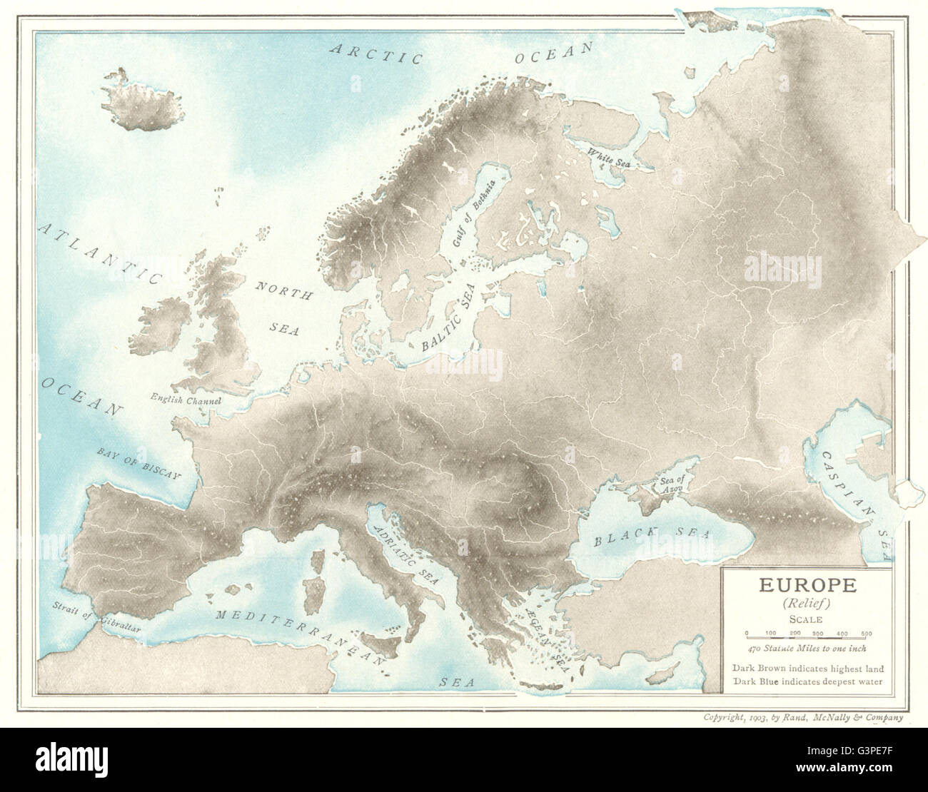 EUROPE PHYSICAL rivers mountains, 1907 antique map Stock Photo - Alamy