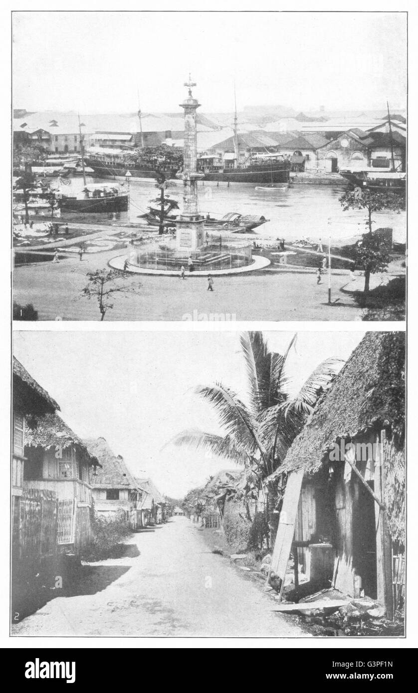 PHILIPPINES: Magellan monument Pasag river, Manilla; Nipa huts, old ...