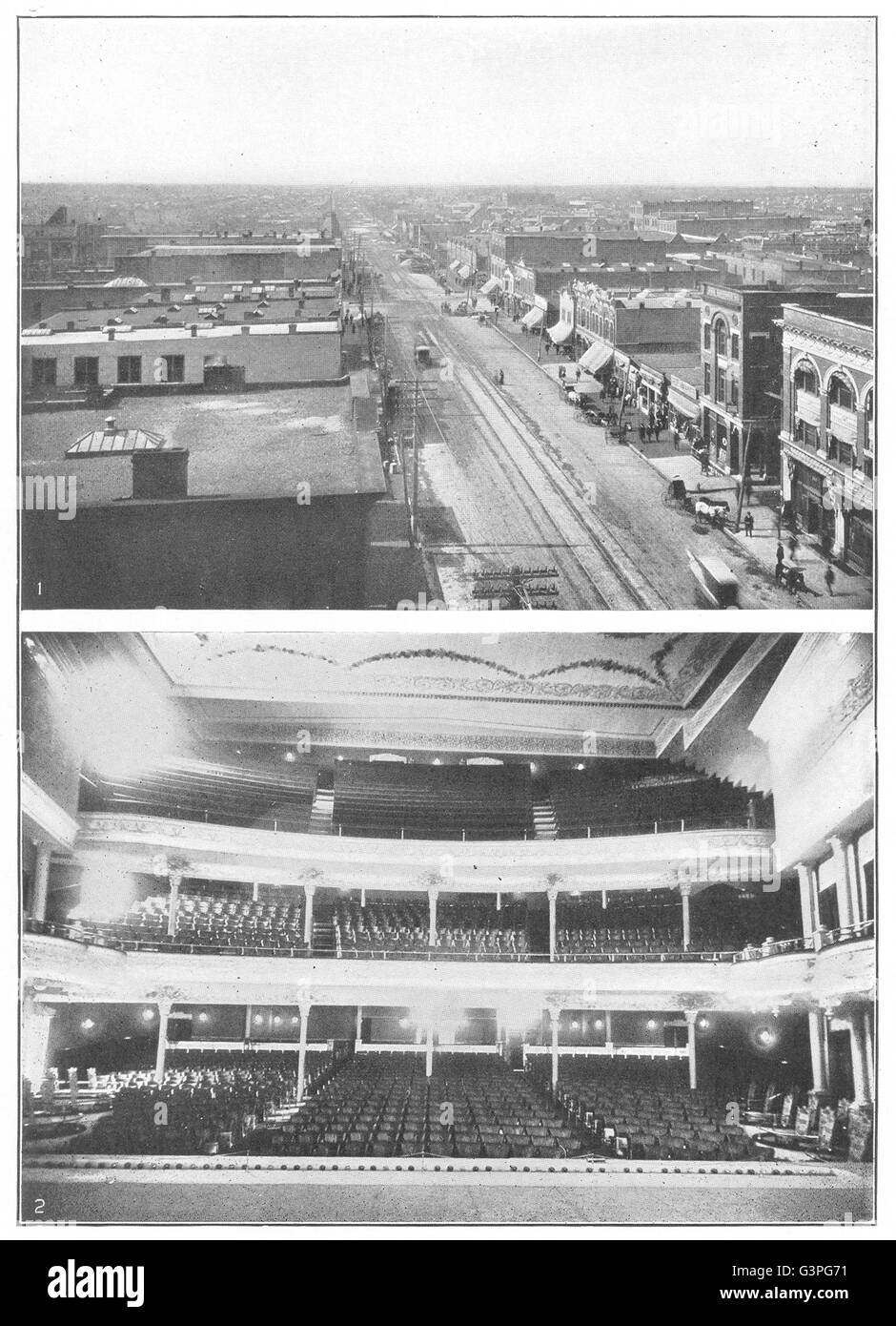 OKLAHOMA: 1 Birdseye city; 2 Overholser's Opera House, antique print ...