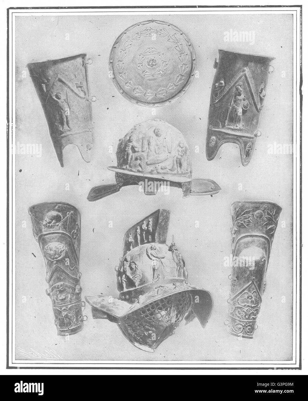 ITALY: Pompeii; Helmets, shields, gauntlets; Gladiators Barracks, print ...