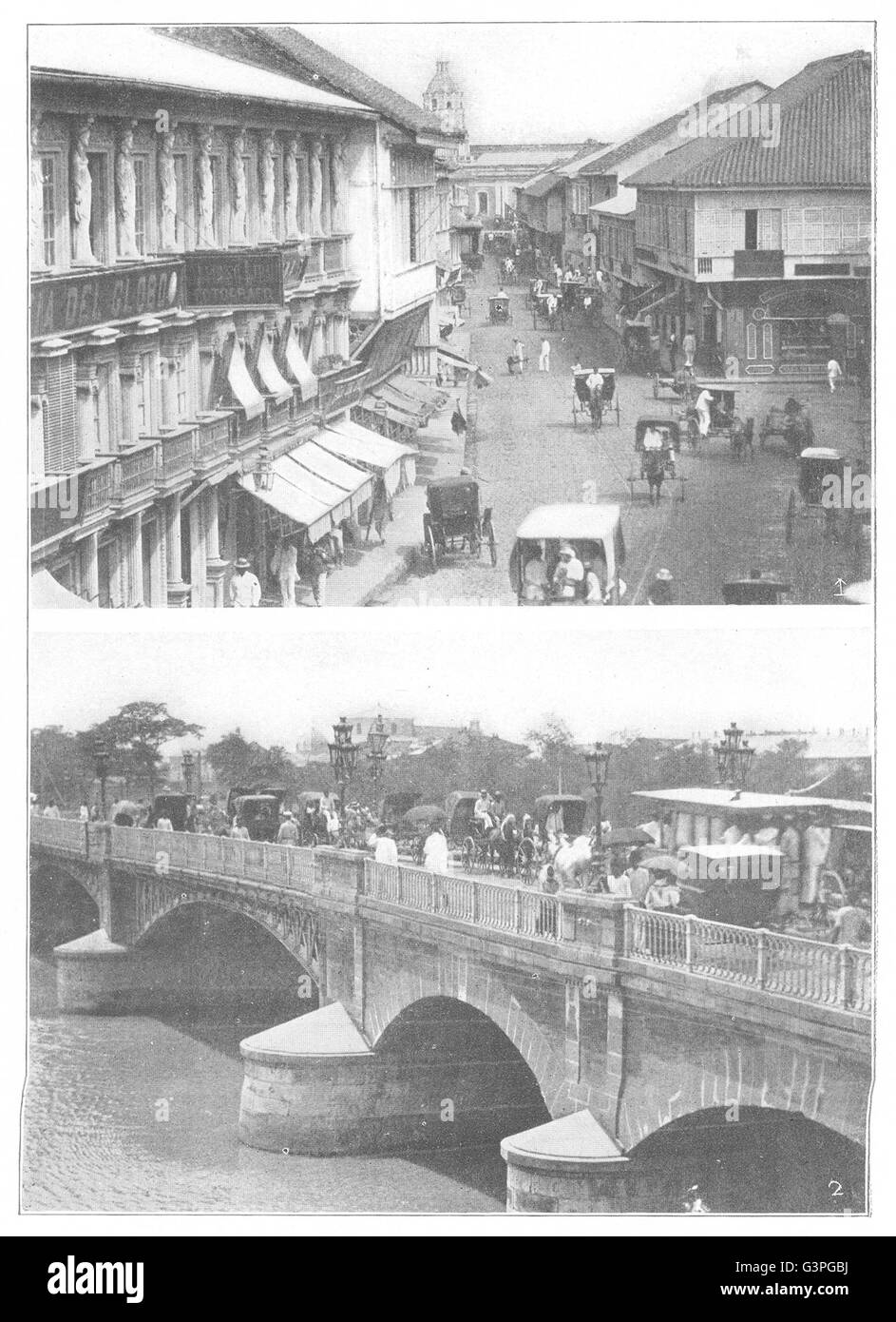 SPAIN: Manila; 1 La Escolta; 2 The bridge of Spain, antique print 1907 ...
