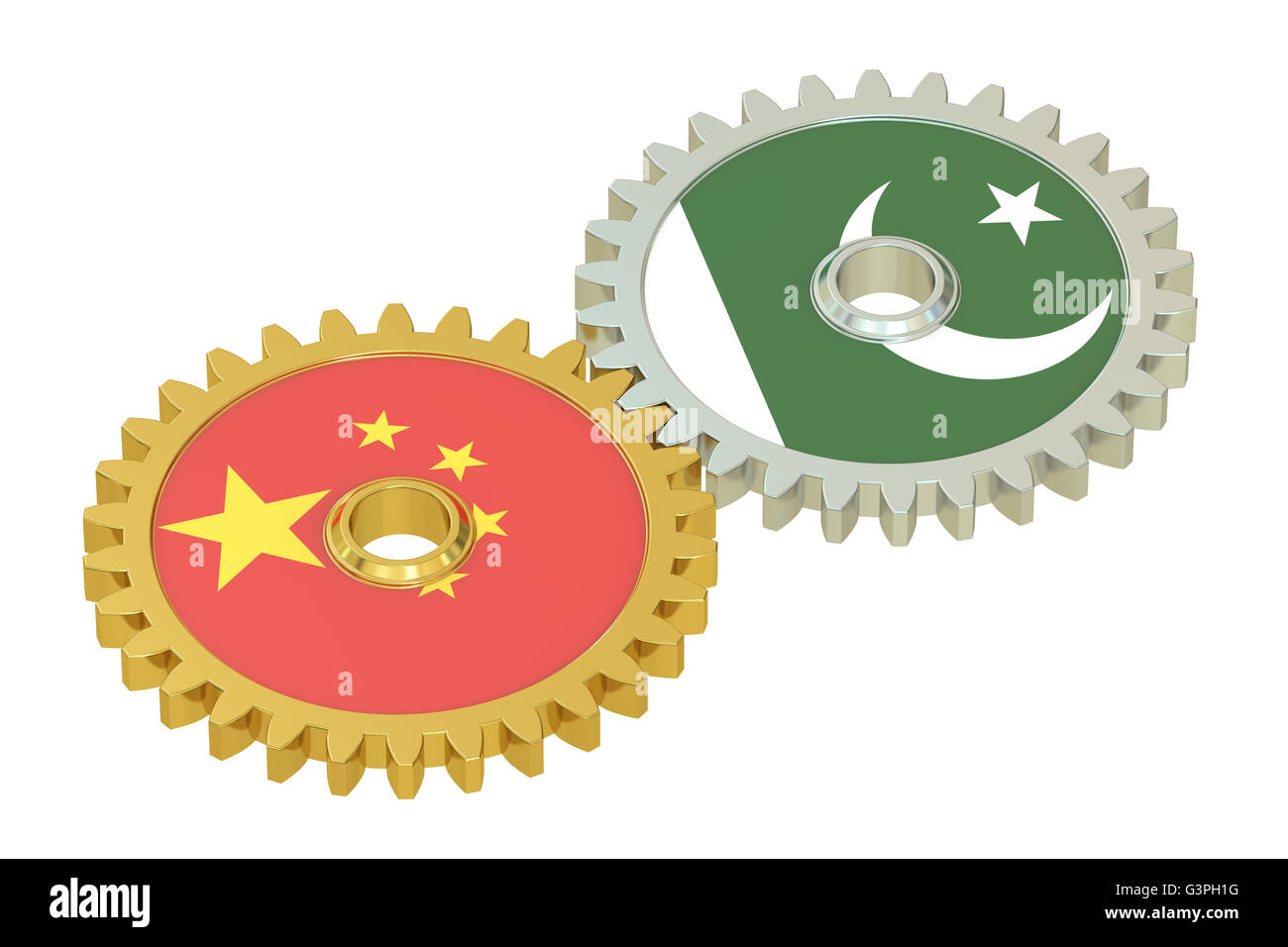 China and Pakistan flags on a gears, 3D rendering isolated on white ...