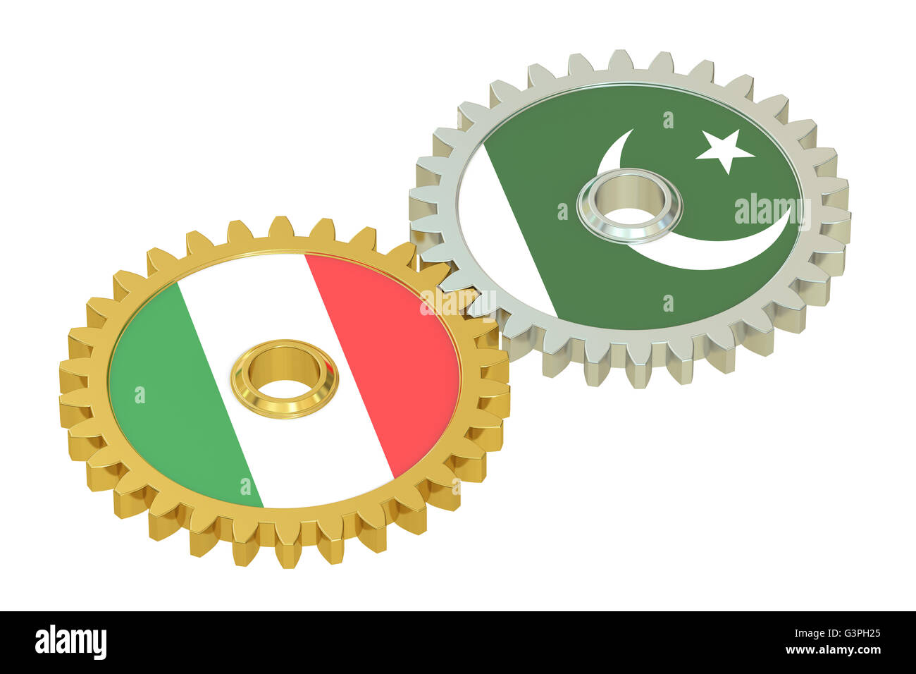 Italy and Pakistan flags on a gears, 3D rendering isolated on white ...