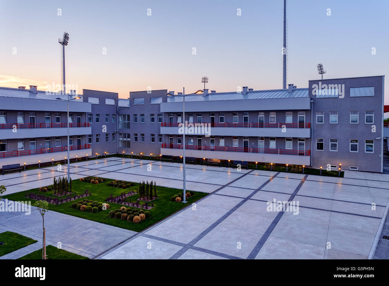 Perspective view of modern and contemporary complex building in ...