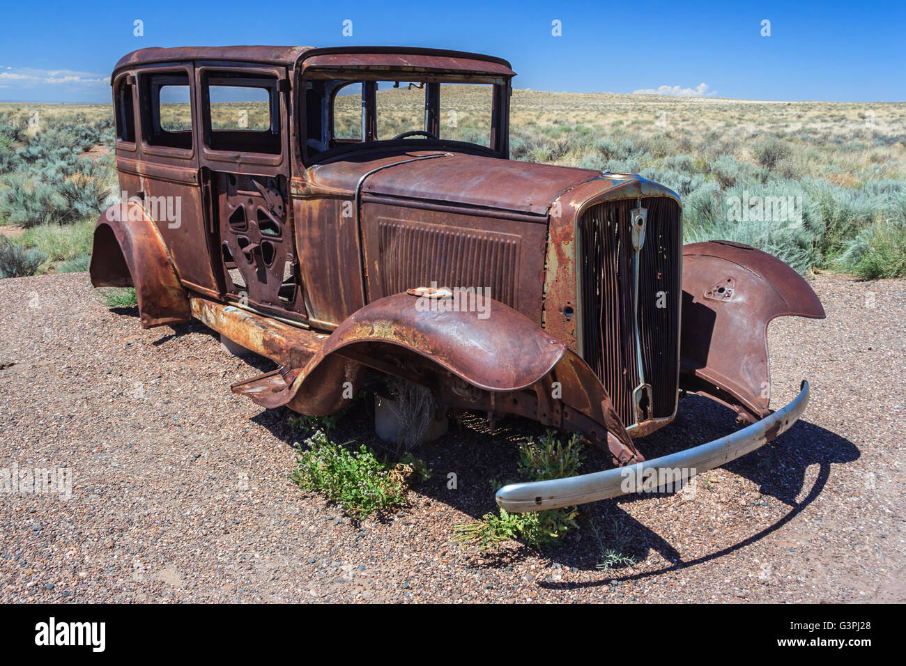 Rusted carcass of old abandoned car at Historic Route 66 in Arizona ...