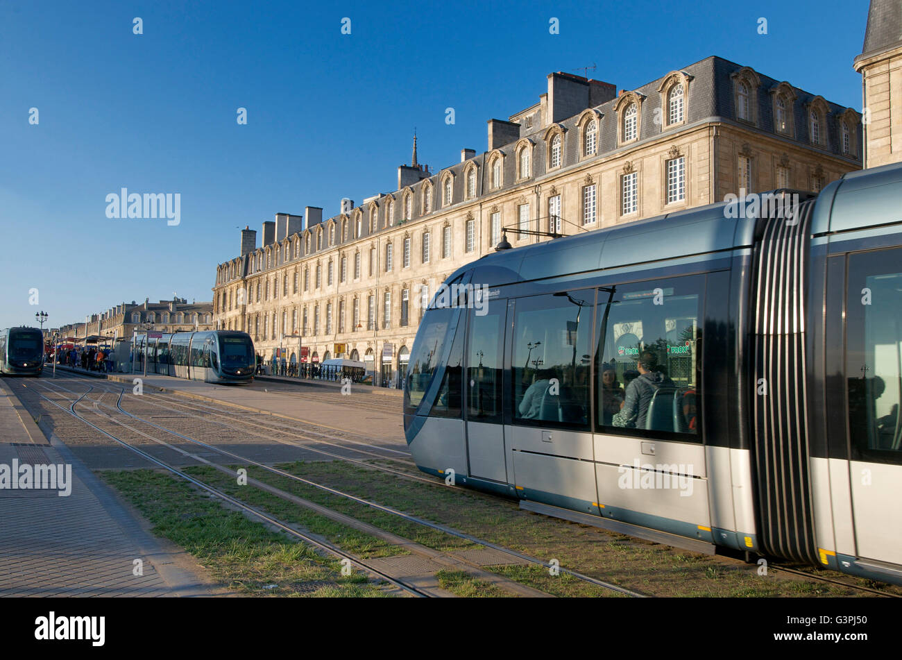 Public transport tram system runs in old Bordeaux, France, Europe Stock ...