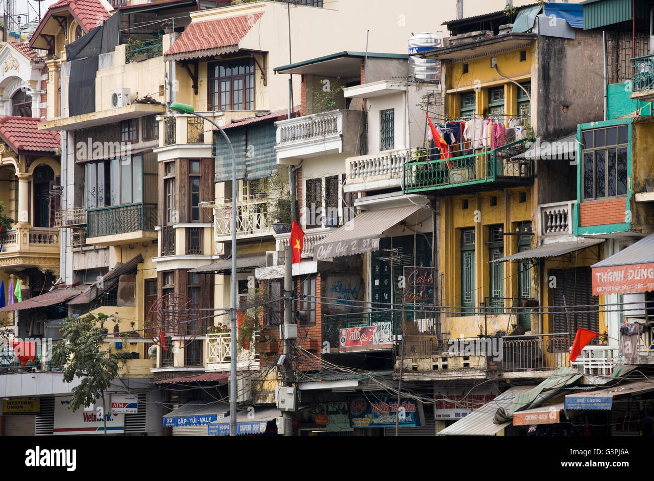 Building facades in the historic town centre of Hanoi, Vietnam ...
