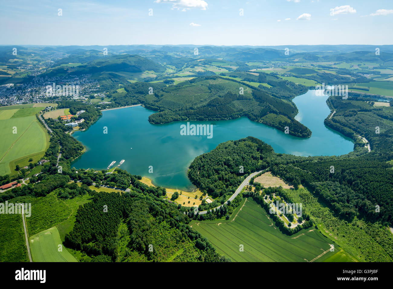 Aerial view, Hennesee with sailboat dock, feeder, beach, blue water ...