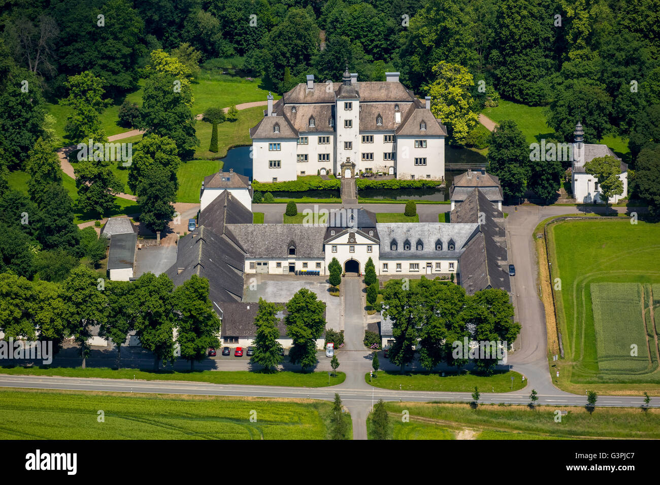 Aerial view, Schloss Laer, chapel Laer, Meschede, Sauerland, North ...