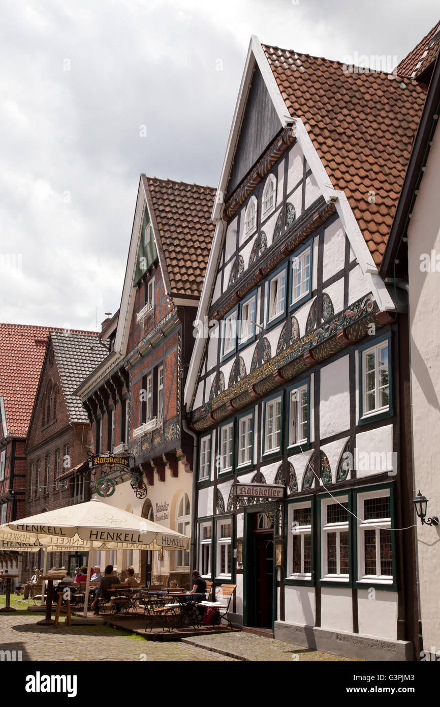 Half-timbered houses and the Ratskeller building on Marktplatz square ...