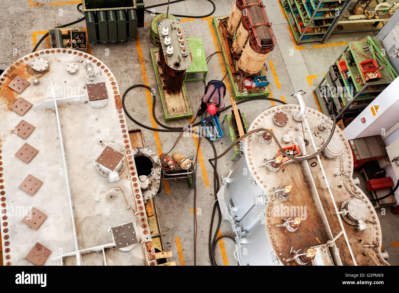 details of broken high voltage power transformer at repair shop Stock ...