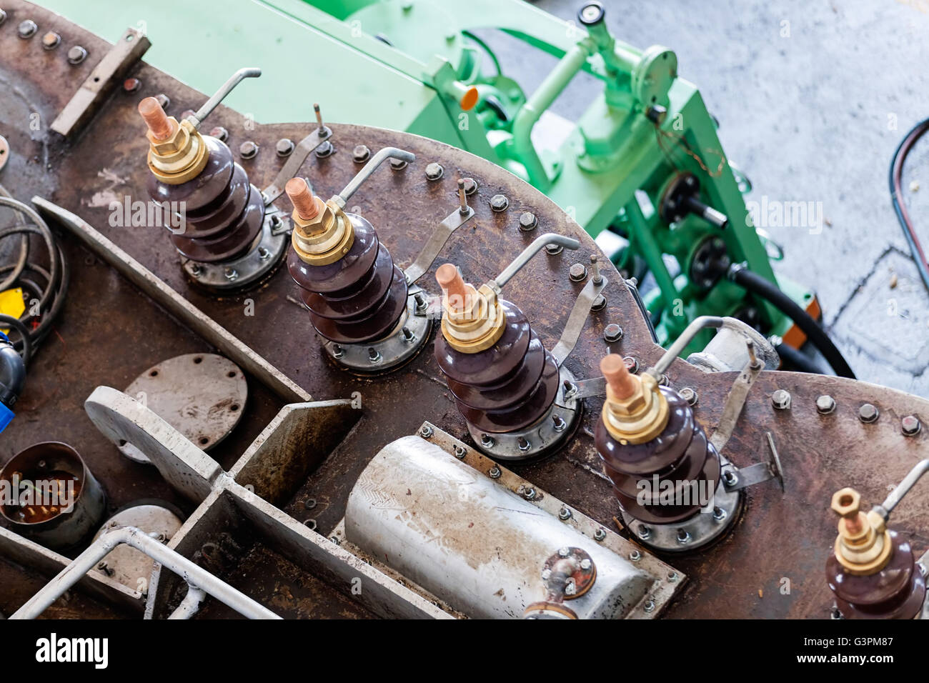 details of broken high voltage power transformer at repair shop Stock ...