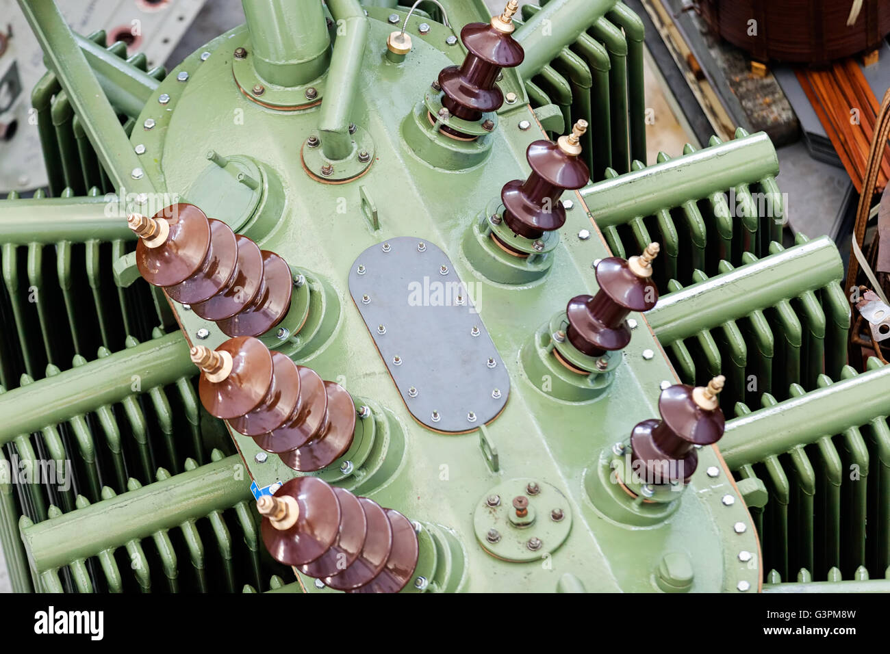 details of broken high voltage power transformer at repair shop Stock ...