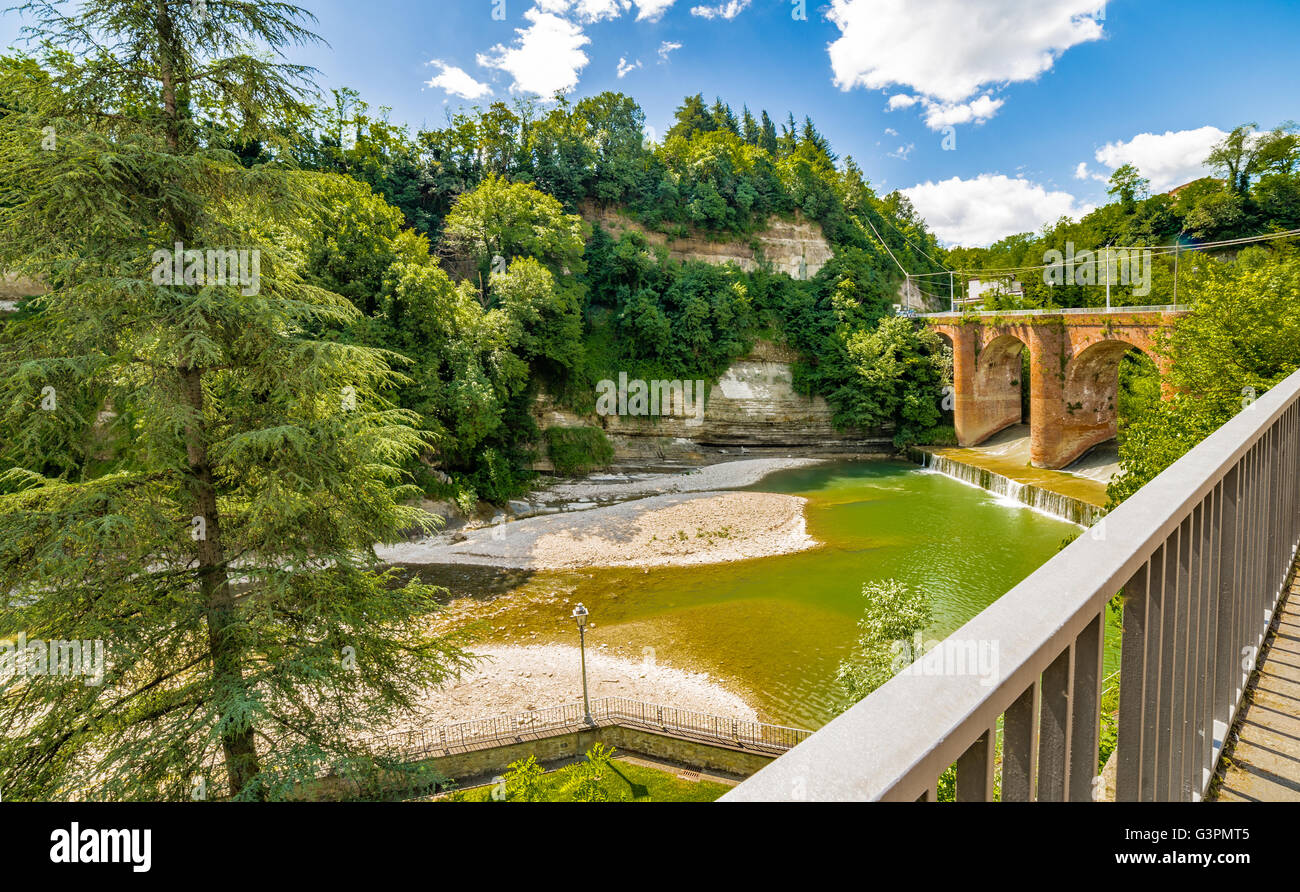 fourteenth century bridge in masonry over the River in a small village ...