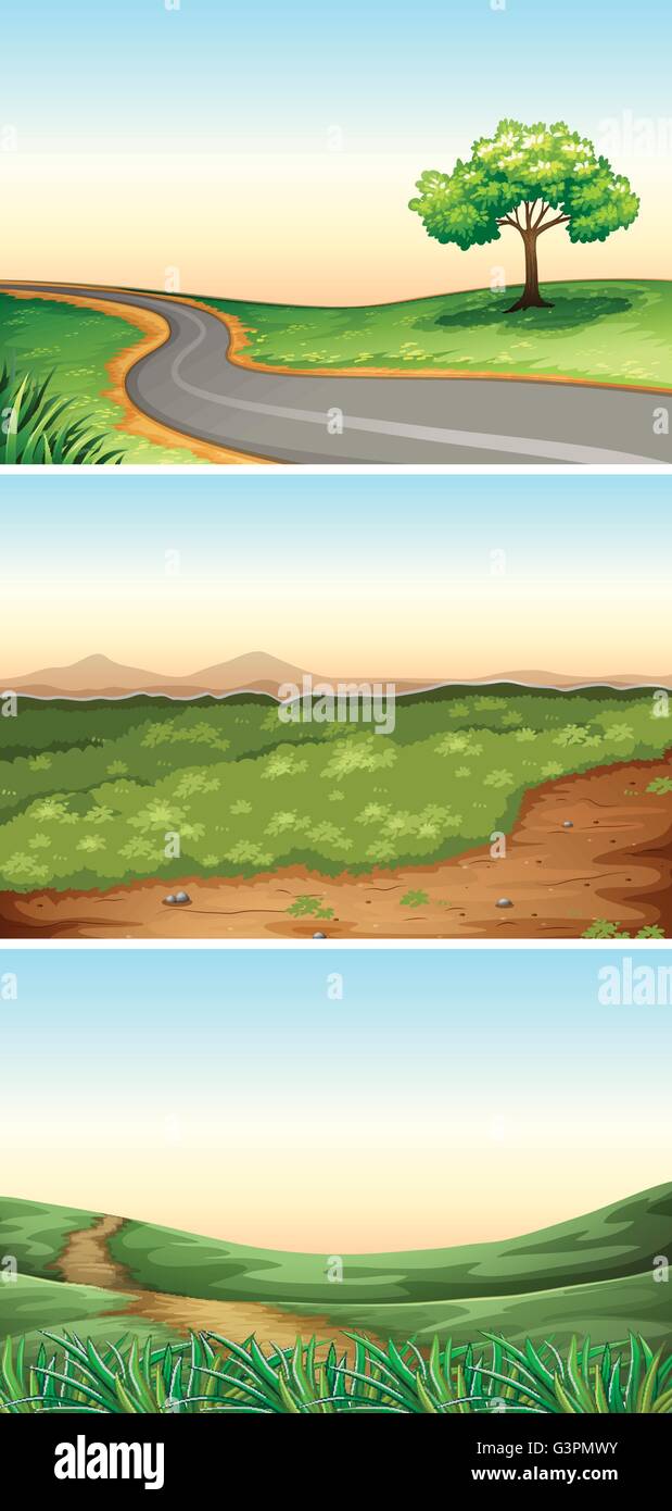 Three scenes with road in countryside illustration Stock Vector Image ...