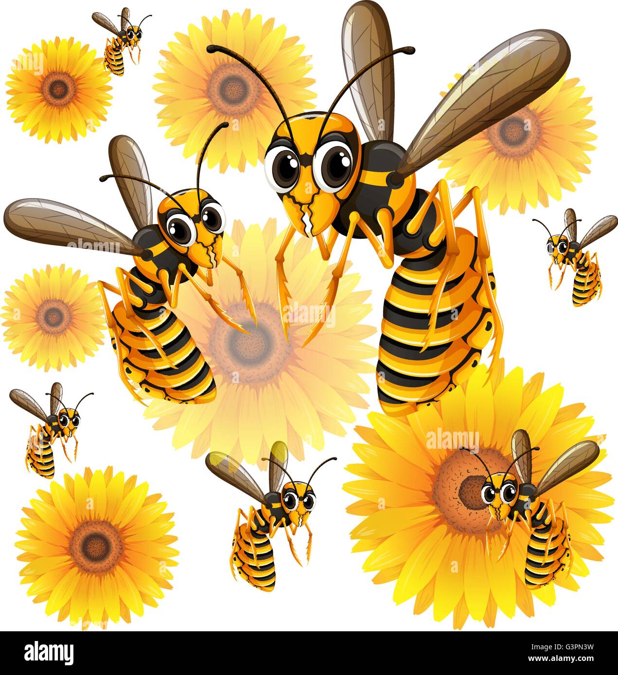 Wasps flying around yellow flowers illustration Stock Vector Image ...