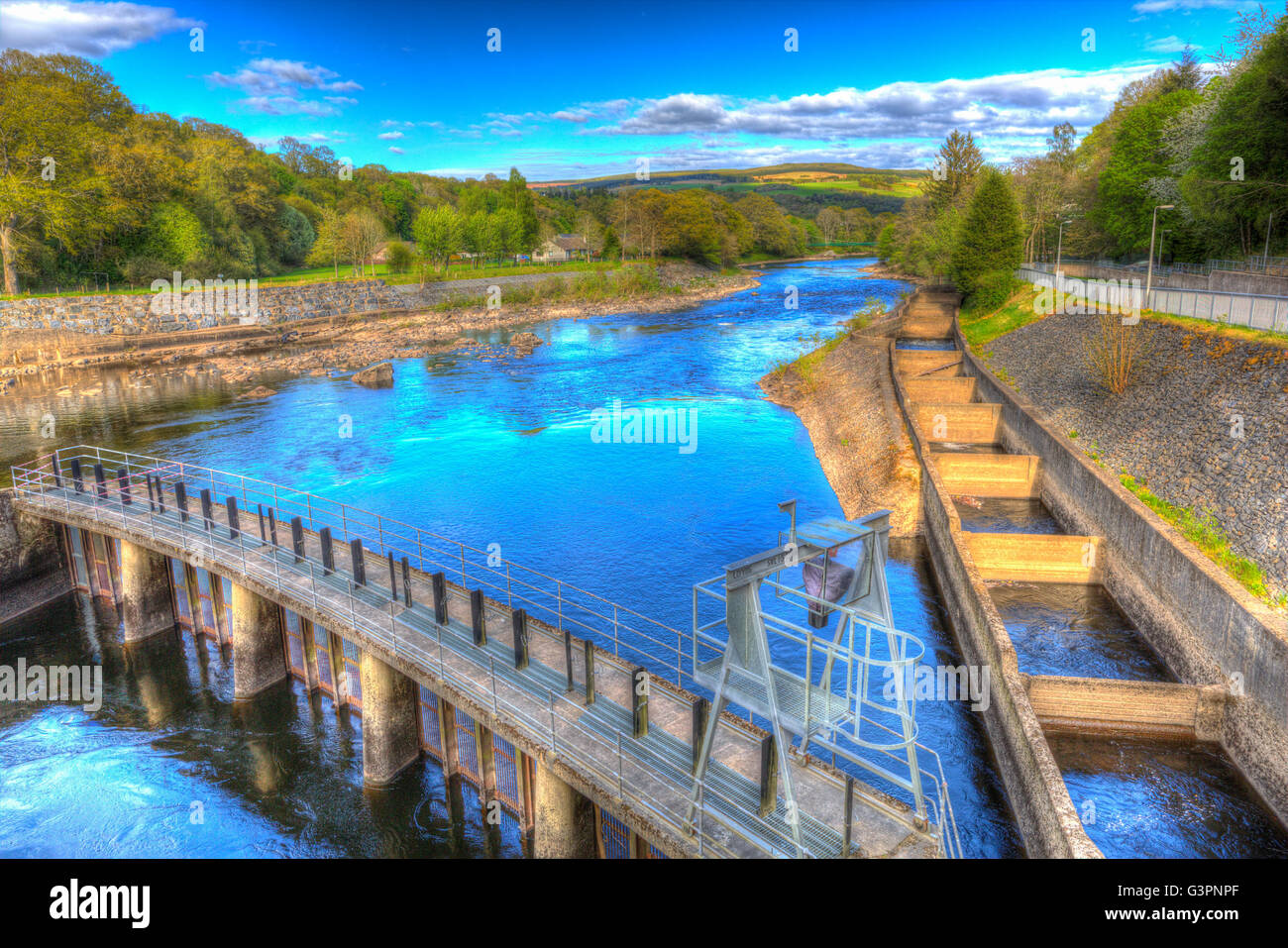 Fish ladder and dam Pitlochry Scotland UK beautiful River Tummel ...
