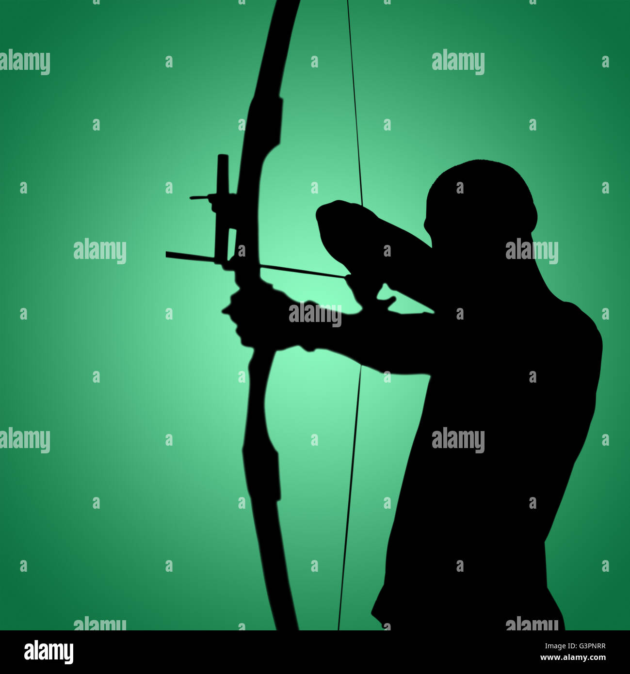 Composite image of facing view of man practicing archery against white ...